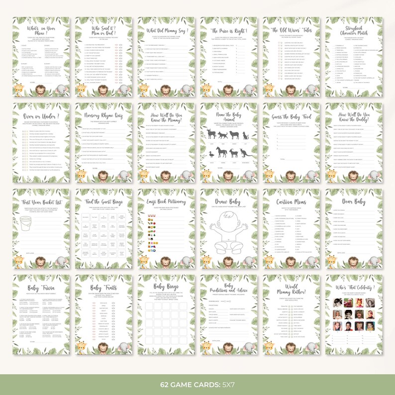 Greenery Safari Jungle Baby Shower Game Bundle | Wild One Baby Shower ...