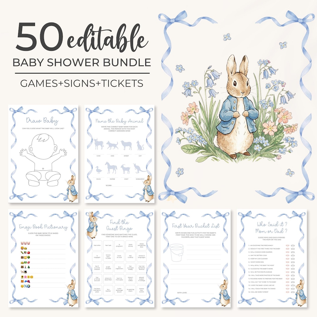 Editable Peter Rabbit Baby Shower Game Bundle | Blue Bow Bunny Baby ...