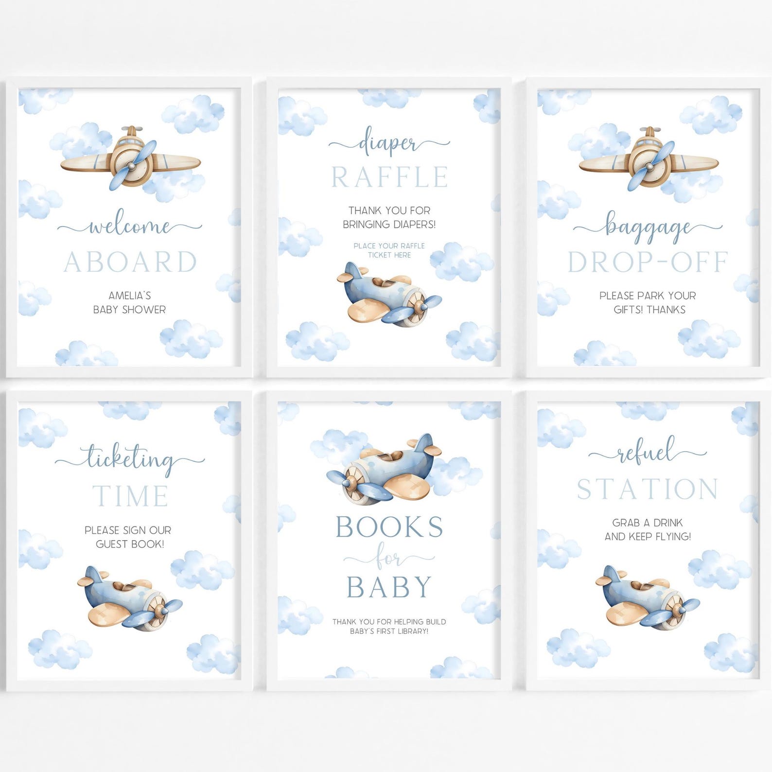 Blue Airplane Baby Shower Table Signs Bundle | Editable Vintage Plane ...