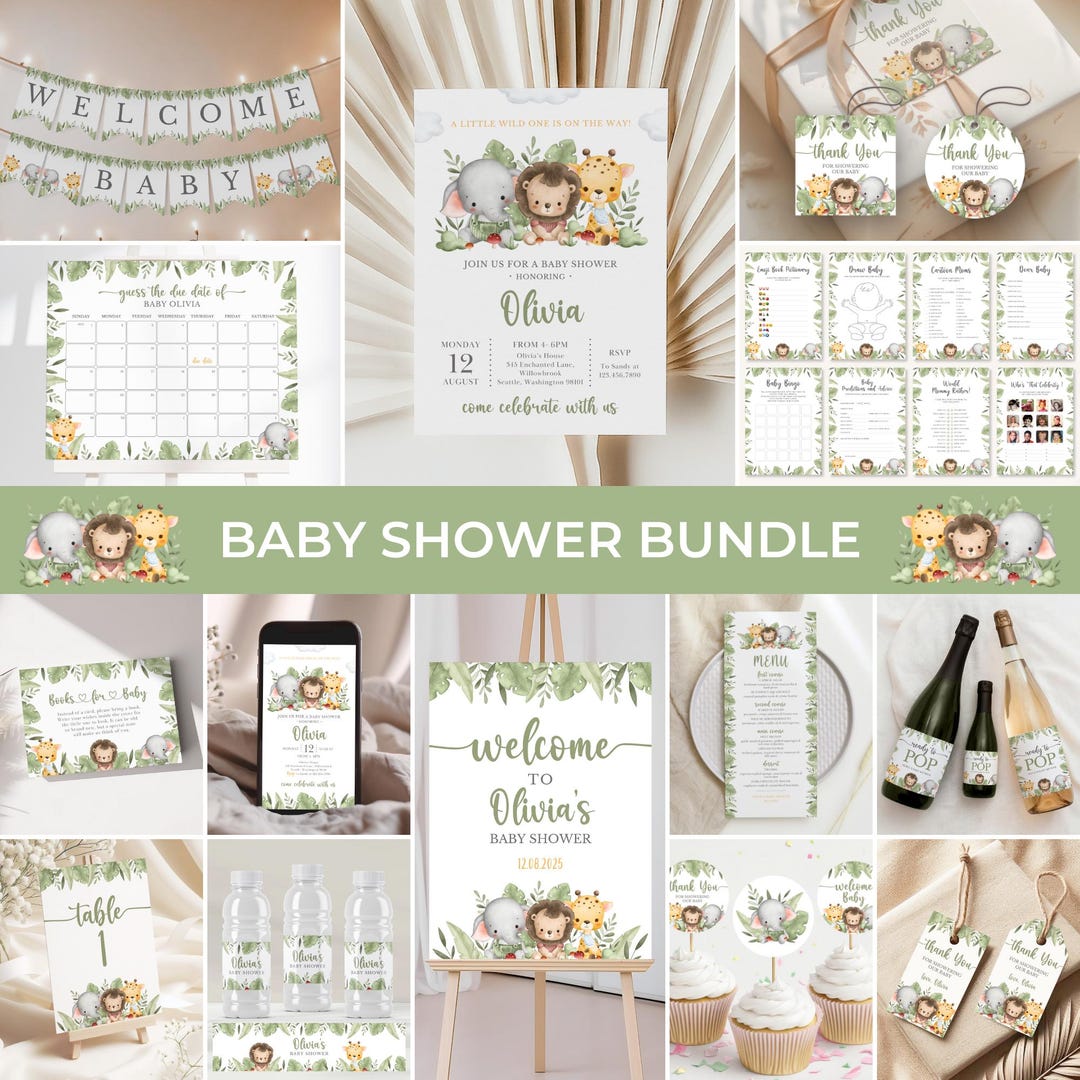 Editable Safari Baby Shower Bundle | Greenery Jungle Animals Baby ...