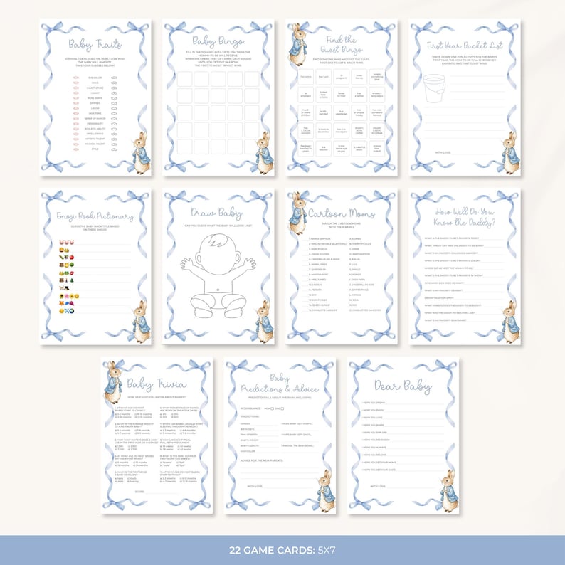 Editable Peter Rabbit Baby Shower Game Bundle | Blue Bow Bunny Baby ...