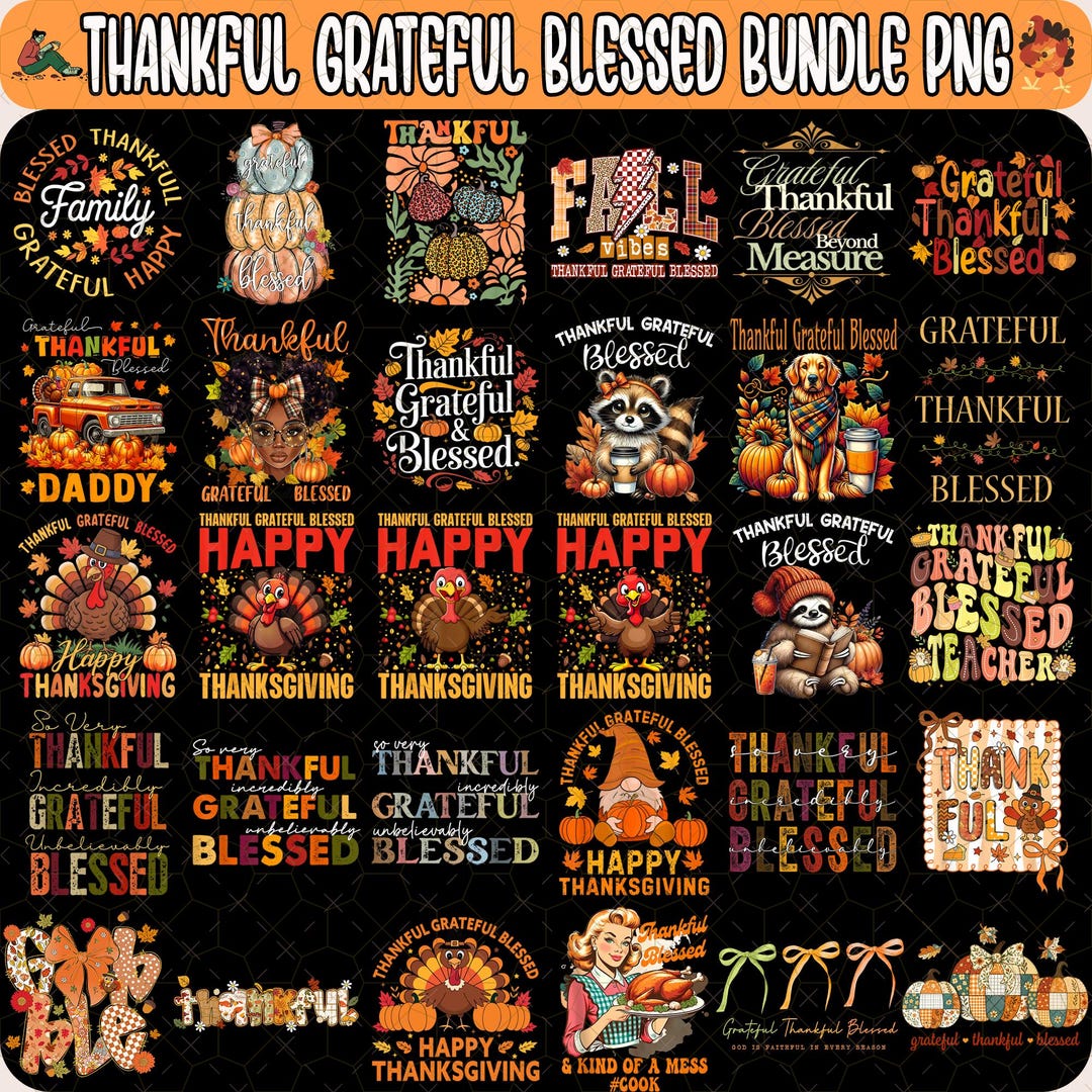 Thankful Grateful Blessed PNG Bundle, Fall Vibes Autumn Thanksgiving ...