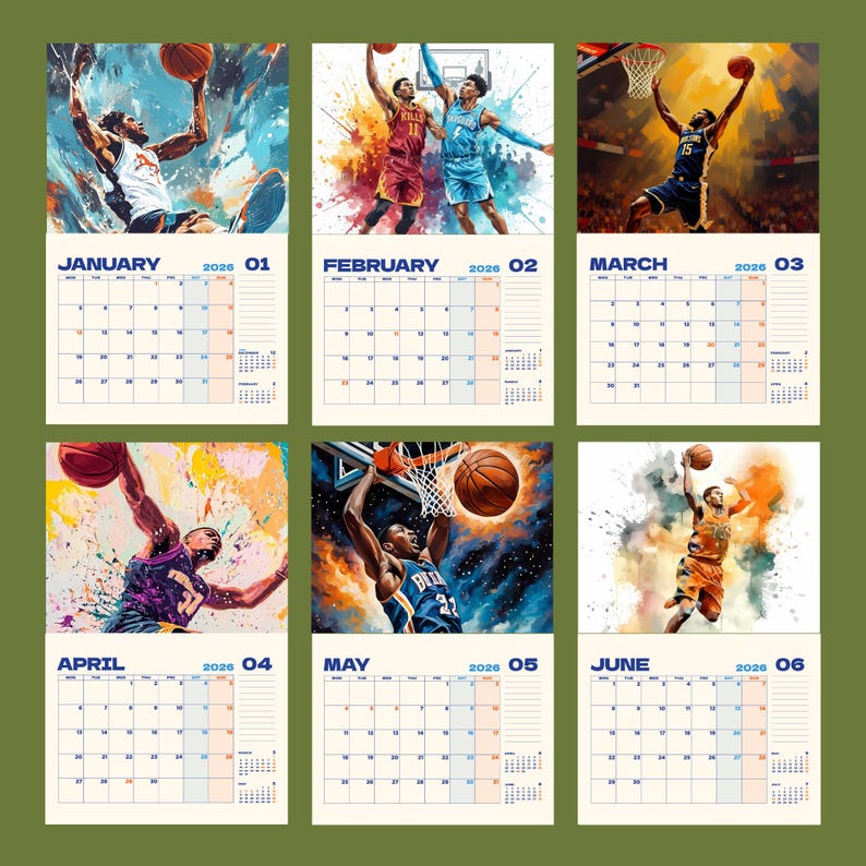 2026 Mens Basketball Wall Calendar, Kids Basketball Calendar, Sports ...