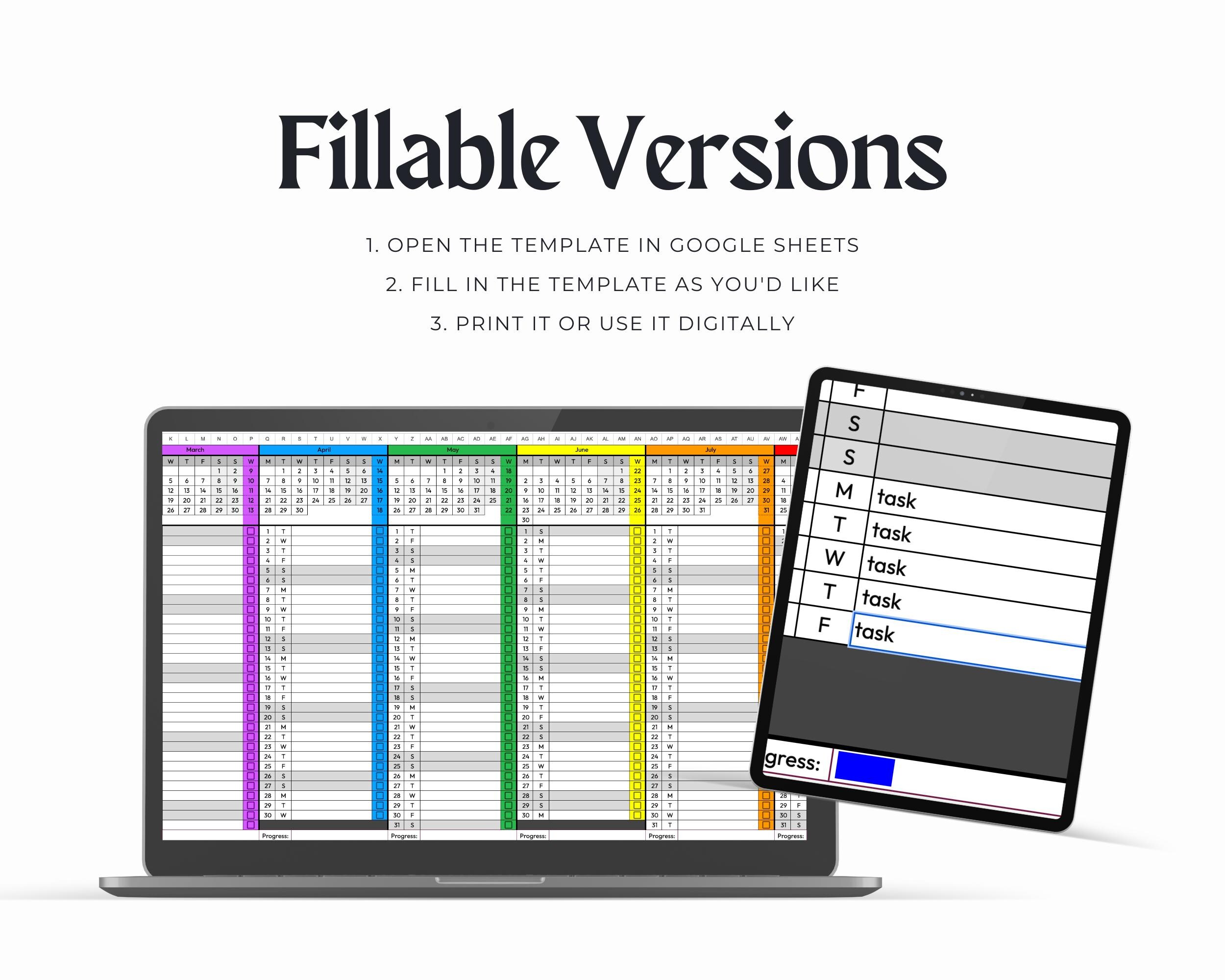 Rainbow Year at A Glance Planner Checklist With Progress Bar for Google ...