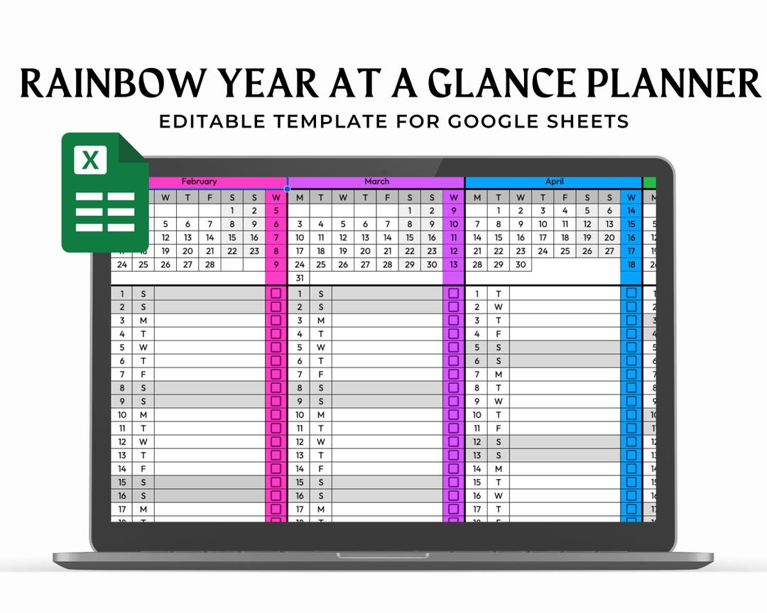 Rainbow Year at A Glance Planner Checklist With Progress Bar for Google ...