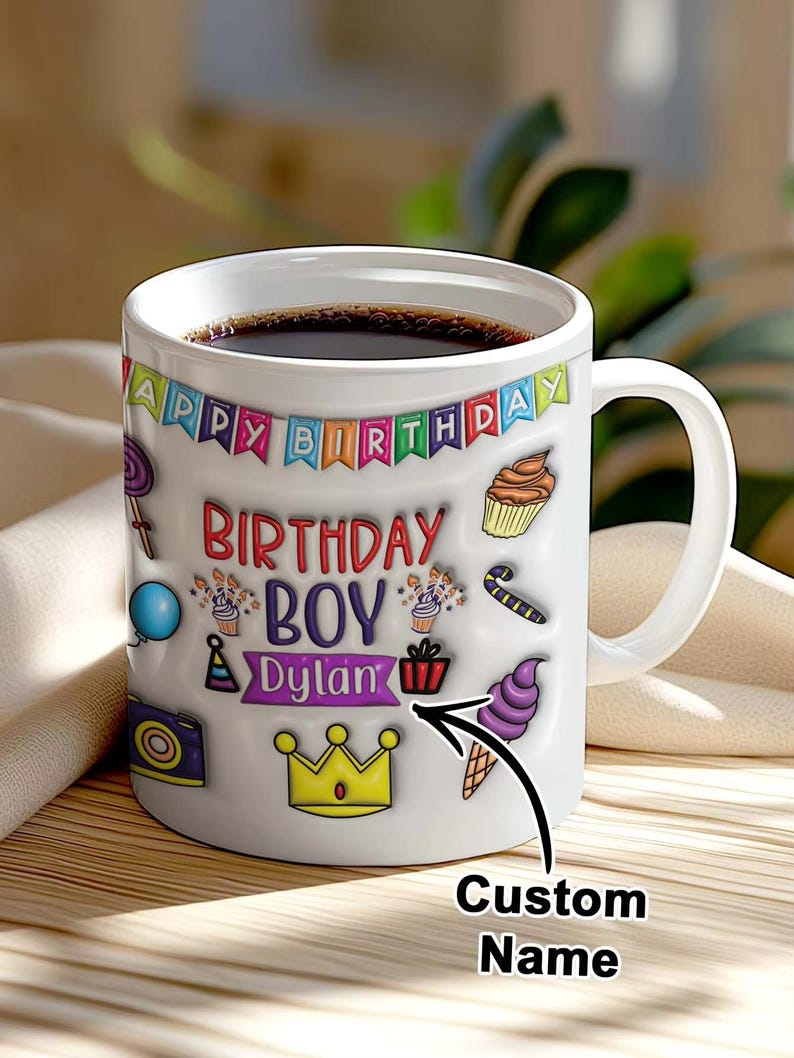 Custom Name Birthday Theme Mug, Custom 3D Inflated Effect Ceramic Mug ...