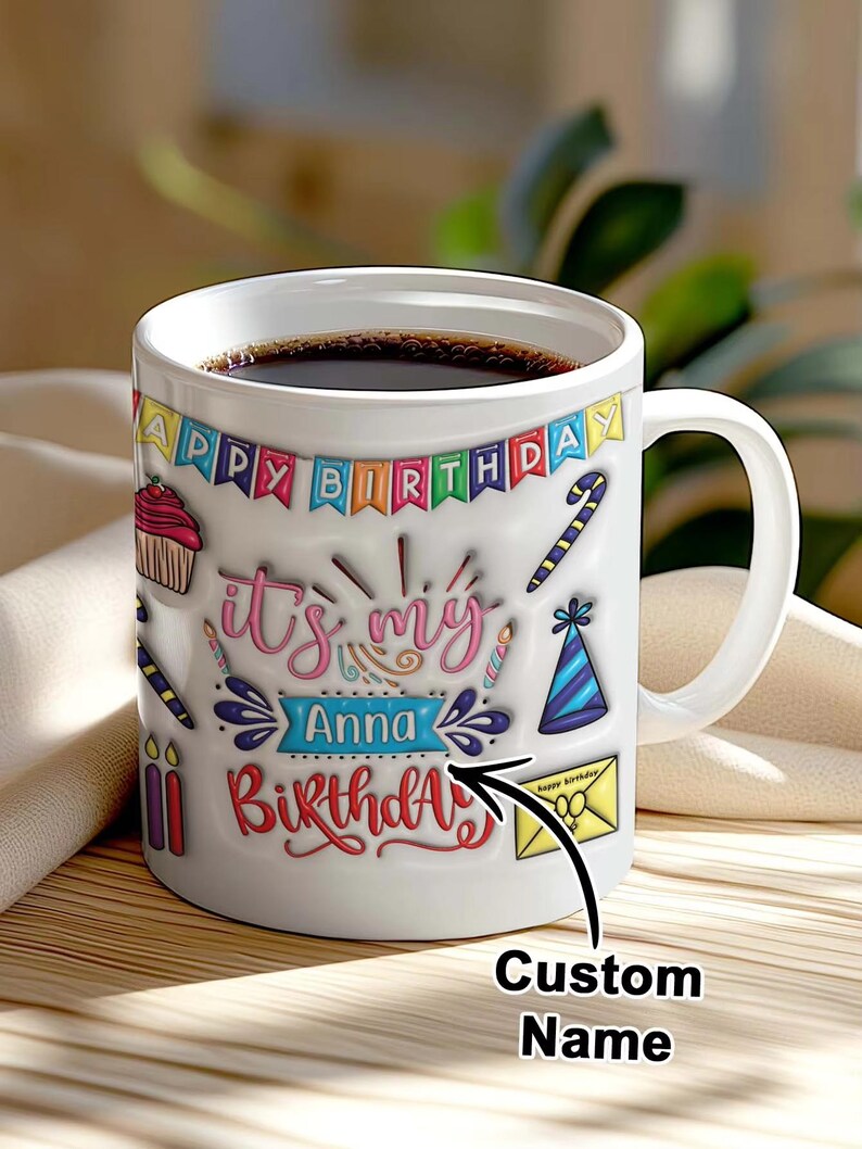 Custom Name Birthday Theme Mug, Custom 3D Inflated Effect Ceramic Mug ...