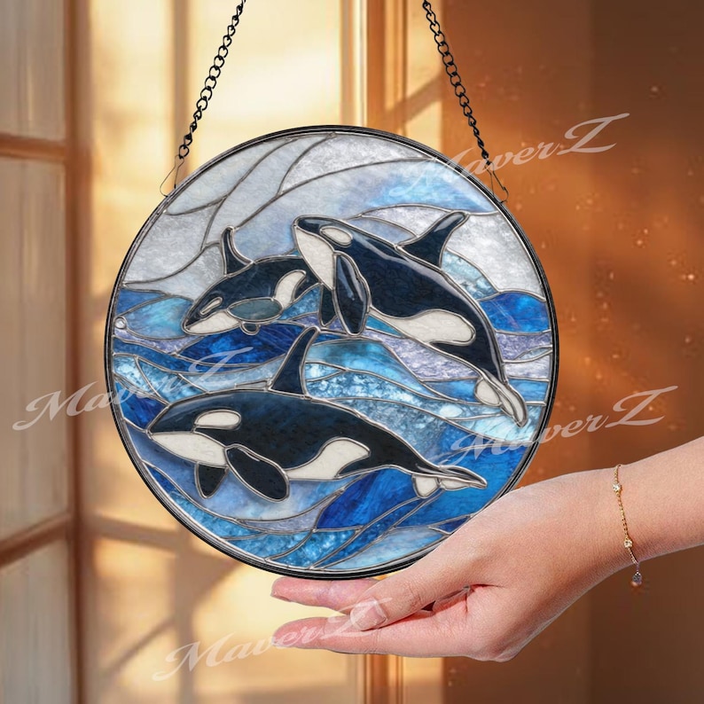 Orca Whale Stained Glass Suncatcher – Ocean Wildlife Window Art, Marine ...