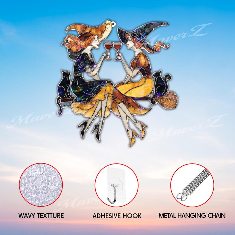 Witch Acrylic Suncatcher With Wine, Stained Glass Style Halloween ...