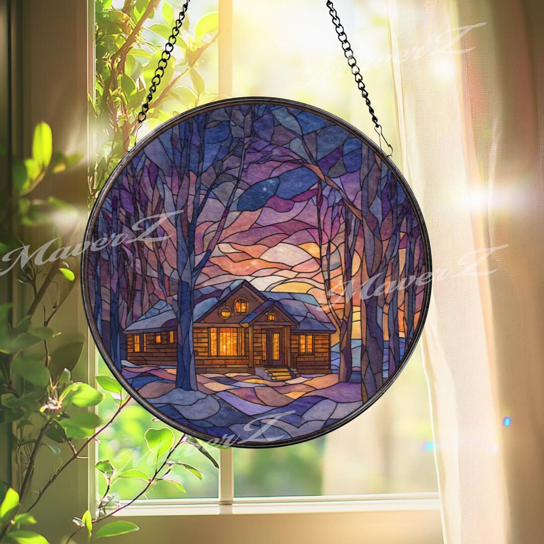 Winter Cabin Stained Glass Suncatcher, Snowy Forest Window Art, Cozy ...