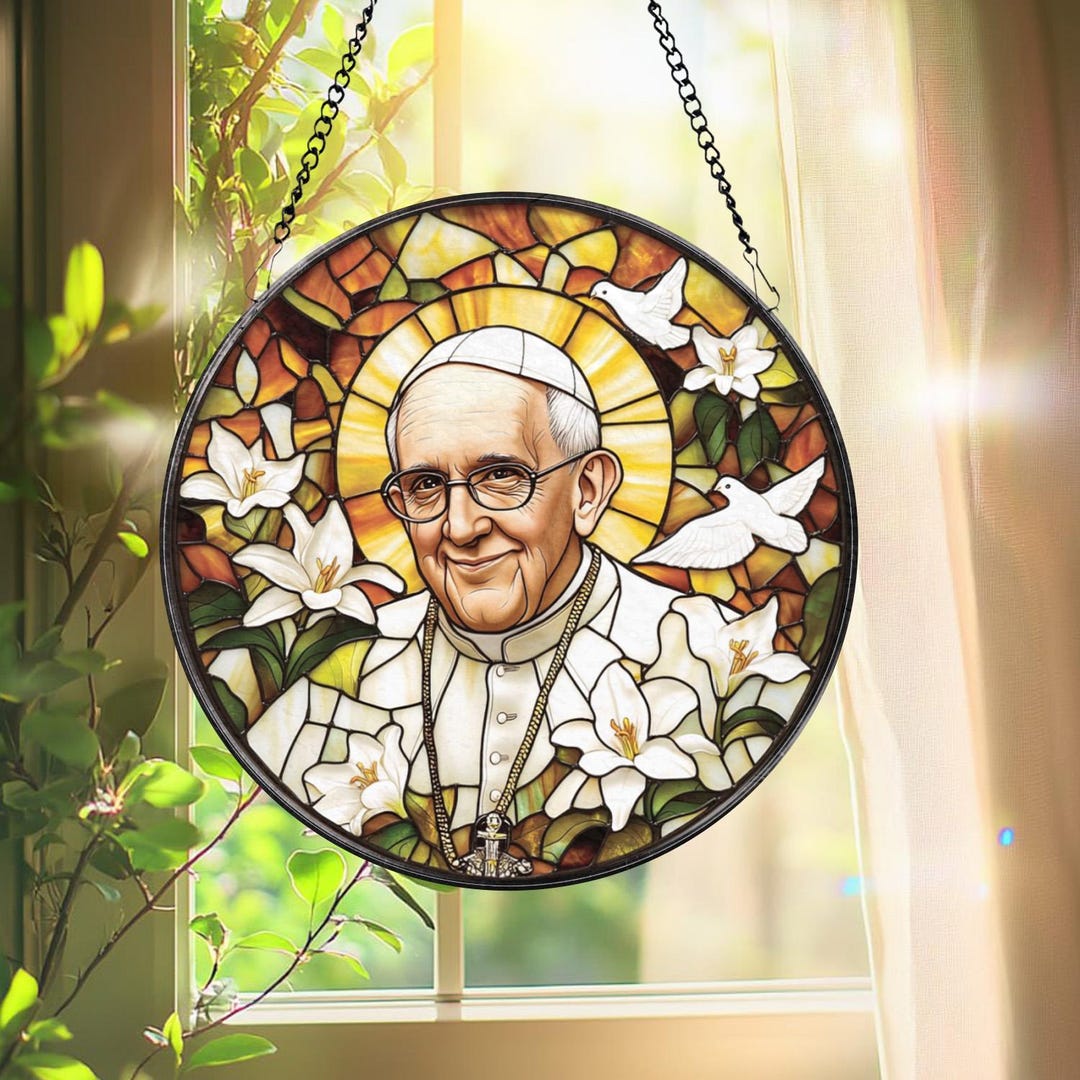 Catholic Pope Francis Glass Panel, Christian Stained Glass Suncatcher ...