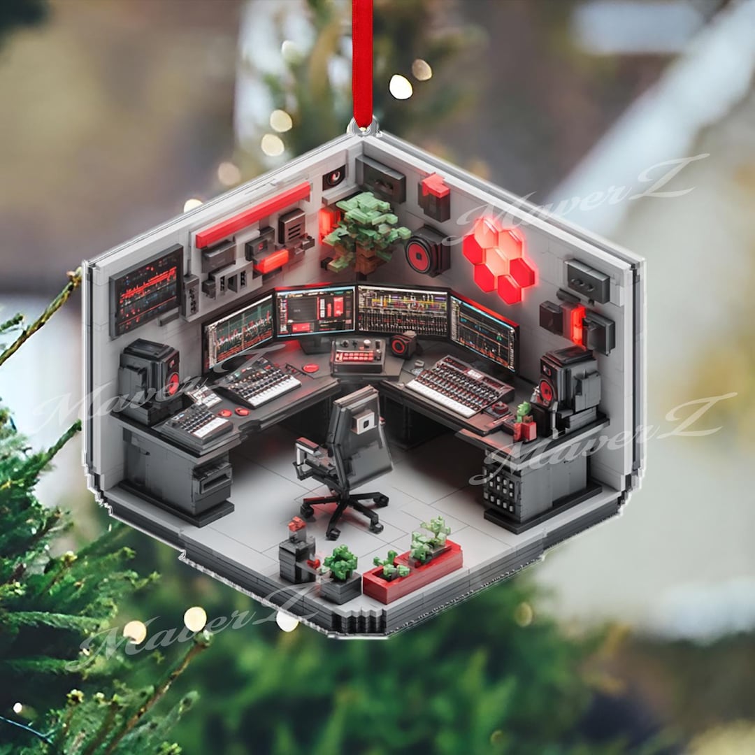Cyber Gaming Desk Christmas Ornament, 2D Futuristic Battlestation Decor ...