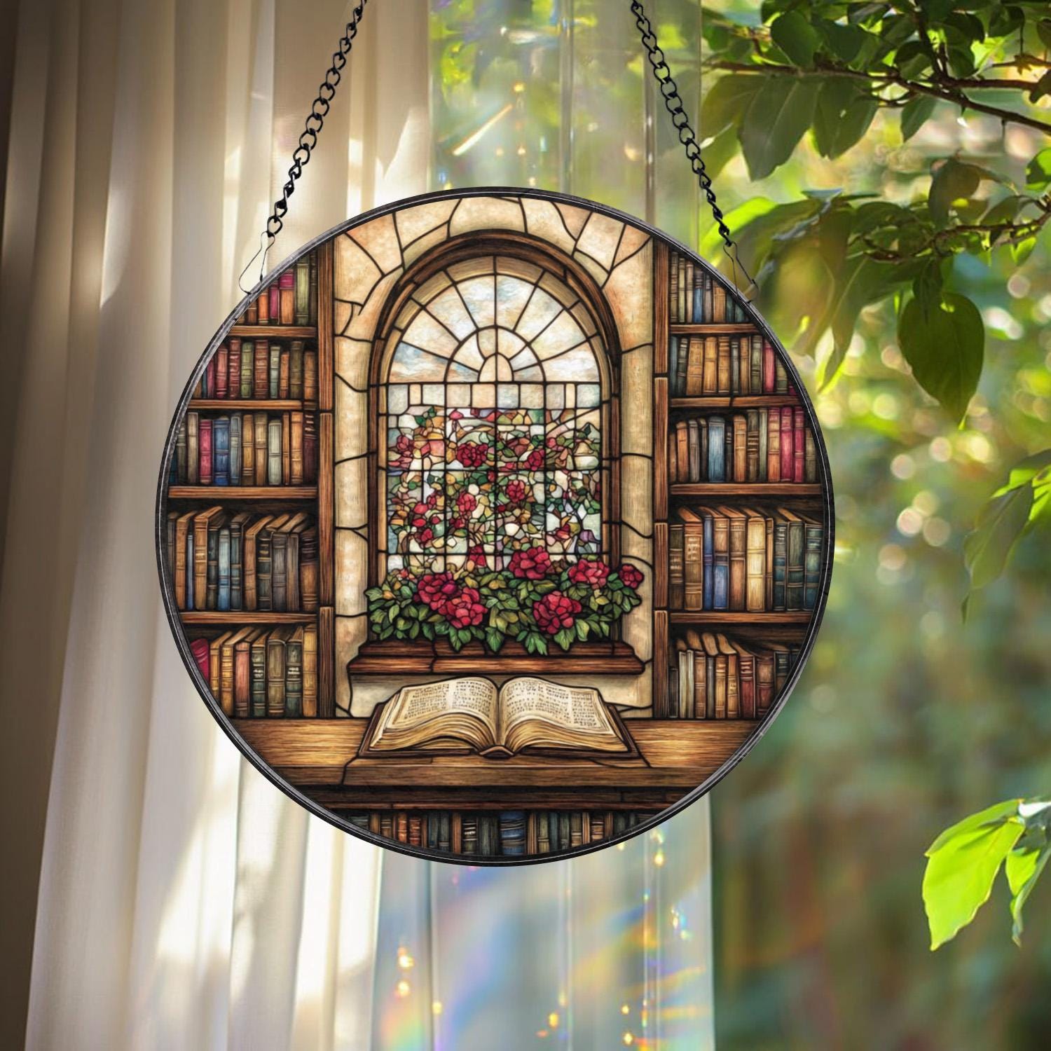 Library Window Bookshelf Suncatcher, Vintage Stained Glass Panel With ...