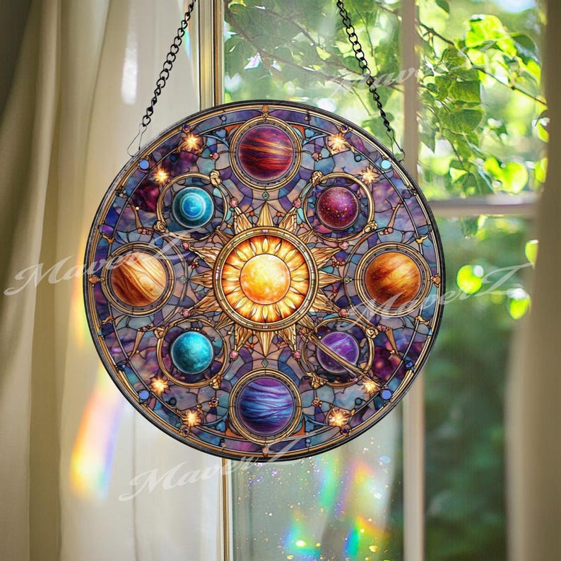 Solar System Stained Glass Suncatcher, Round Planet Window Panel With ...