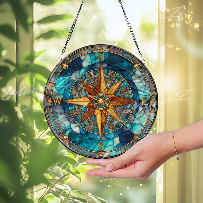 Compass Rose Stained Glass Suncatcher, Round Nautical Window Panel ...