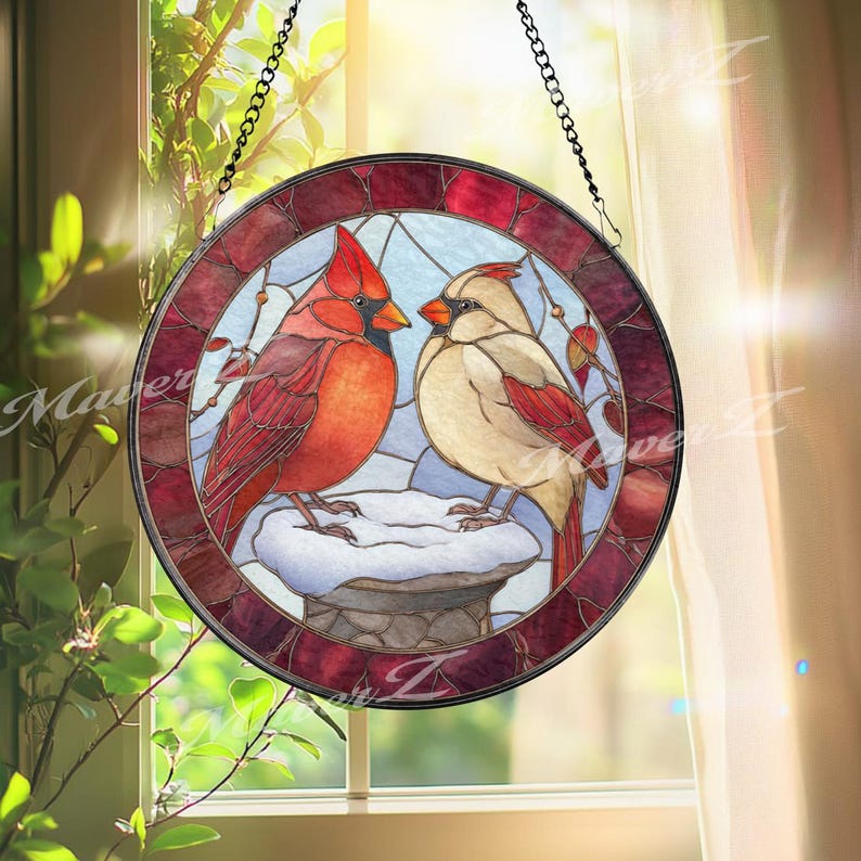Cardinal Birds Stained Glass Suncatcher, Winter Bird Window Hanging ...
