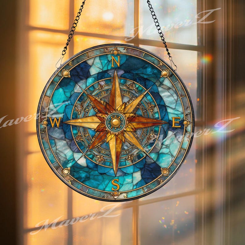 Compass Rose Stained Glass Suncatcher, Round Nautical Window Panel ...