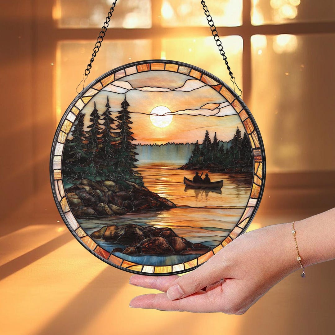 Canoe Lake Sunset Stained Glass Suncatcher, Romantic Nature Window ...