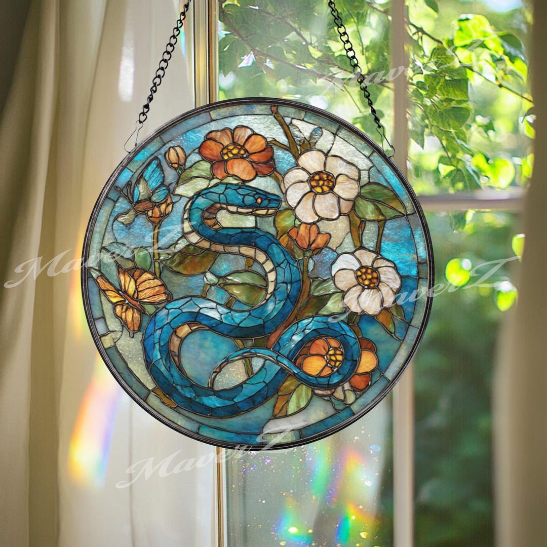Blue Snake Stained Glass Suncatcher, Round Floral Window Art, Nature ...