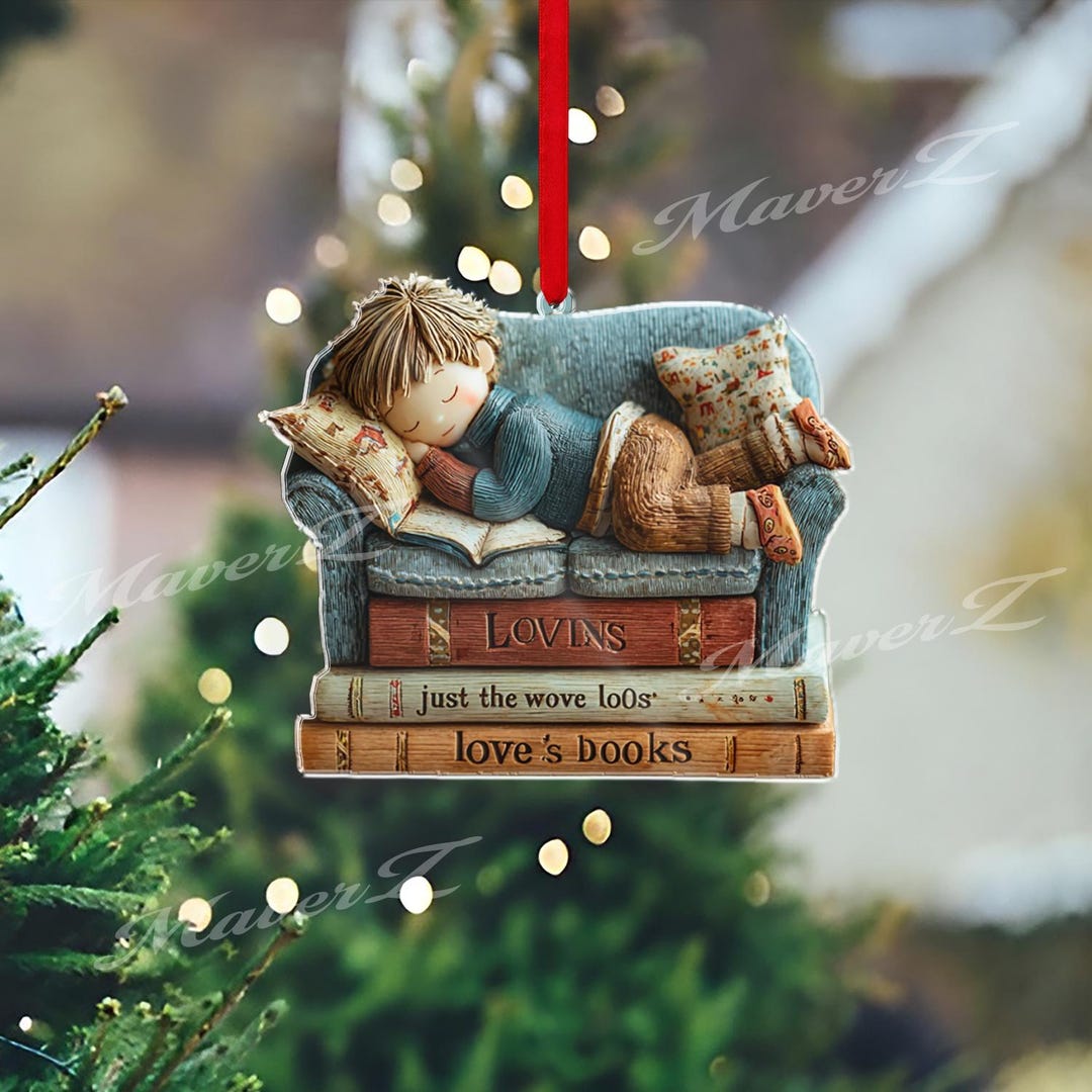 Sleeping Boy Ornament, Cozy Sofa Decor, 2D Book Stack Ornament, Cute ...