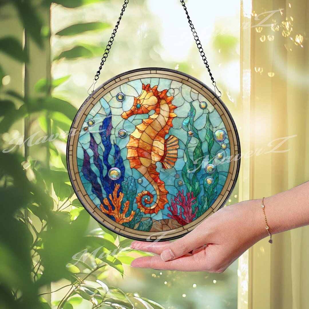 Seahorse Stained Glass Suncatcher, Round Ocean Coral Reef Window Panel ...