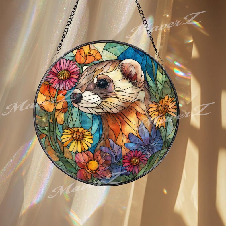 Ferret Stained Glass Suncatcher, Round Window Panel With Colorful ...