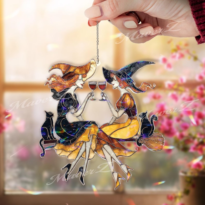 Witch Acrylic Suncatcher With Wine, Stained Glass Style Halloween ...