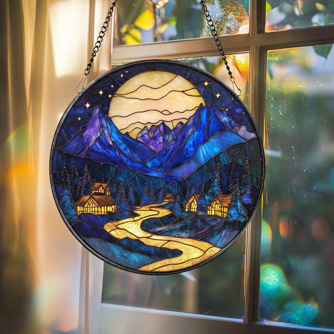Moonlit Mountain Village Stained Glass Suncatcher – Blue Night Scene ...