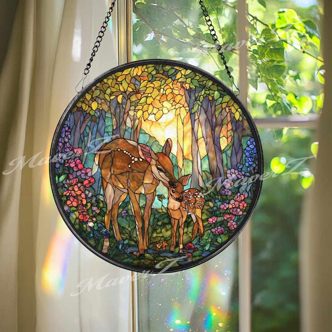 Deer and Fawn Stained Glass Suncatcher, Forest Animal Round Window ...