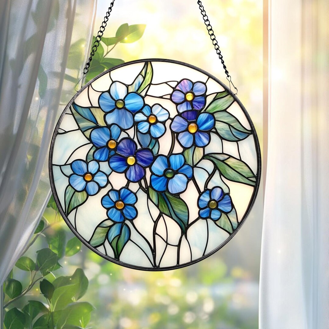 Forget-me-not Stained Glass Suncatcher: Blue Floral Window Hanging - Etsy