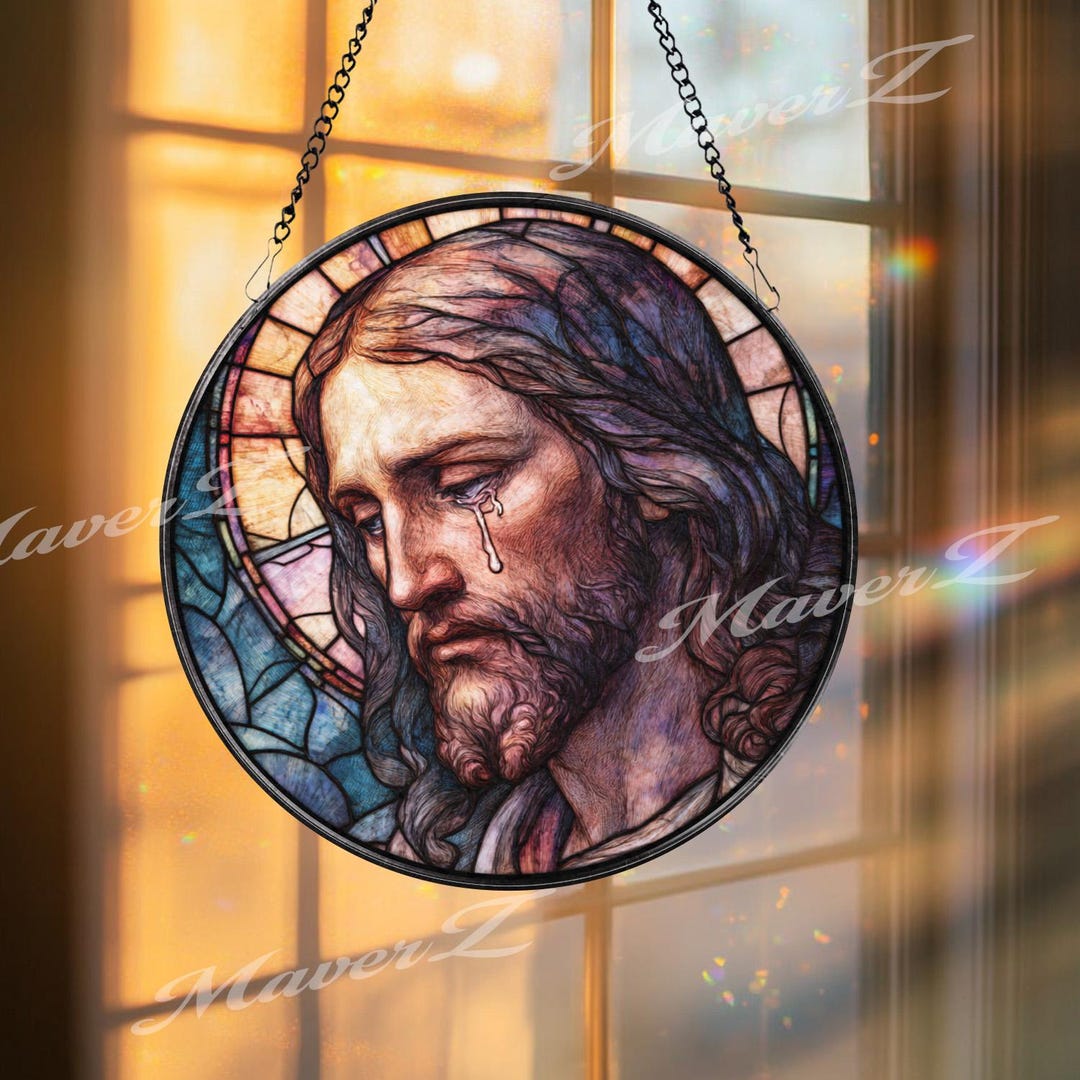 Jesus With Tear Stained Glass Suncatcher, Round Depiction of Christ in ...