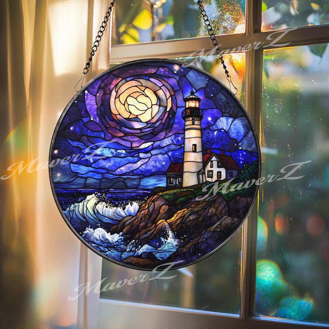 Lighthouse Sunset Suncatcher: Coastal Stained Glass Window Decor - Etsy