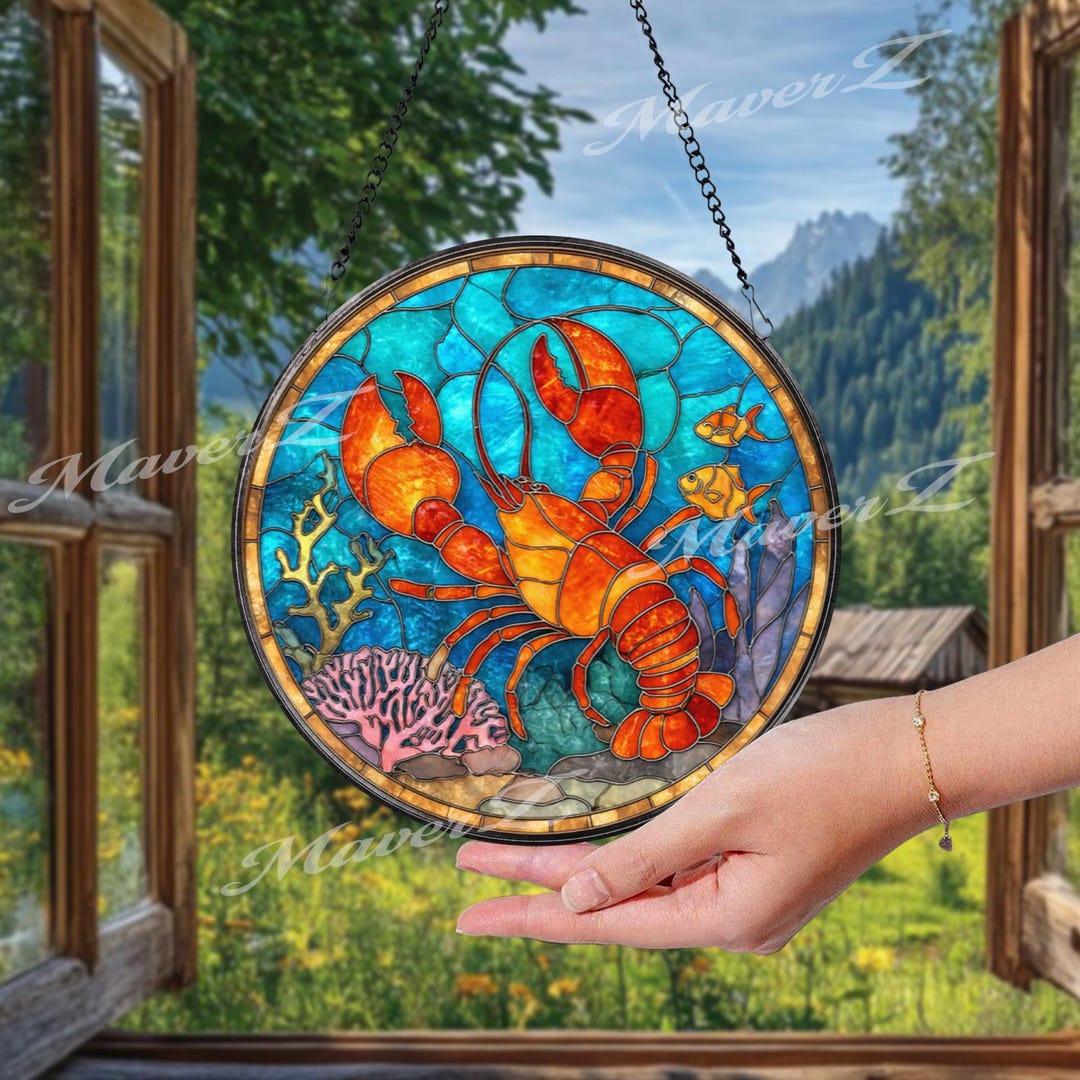 Lobster Stained Glass Suncatcher, Round Ocean Coral Reef Window Panel ...