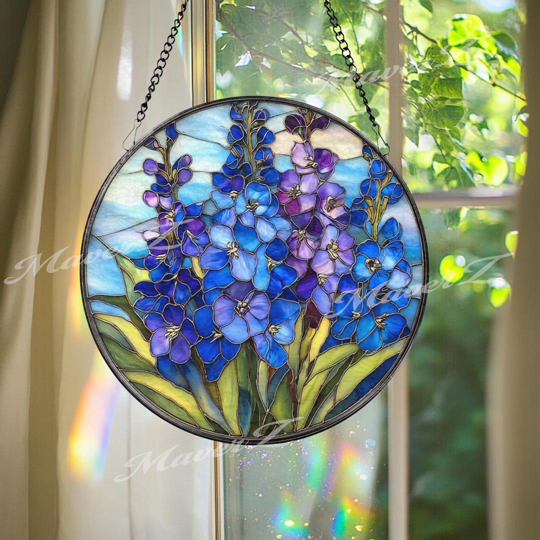 Delphinium Stained Glass Suncatcher, Round Blue Floral Window Hanging ...