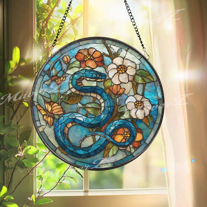 Blue Snake Stained Glass Suncatcher, Round Floral Window Art, Nature ...