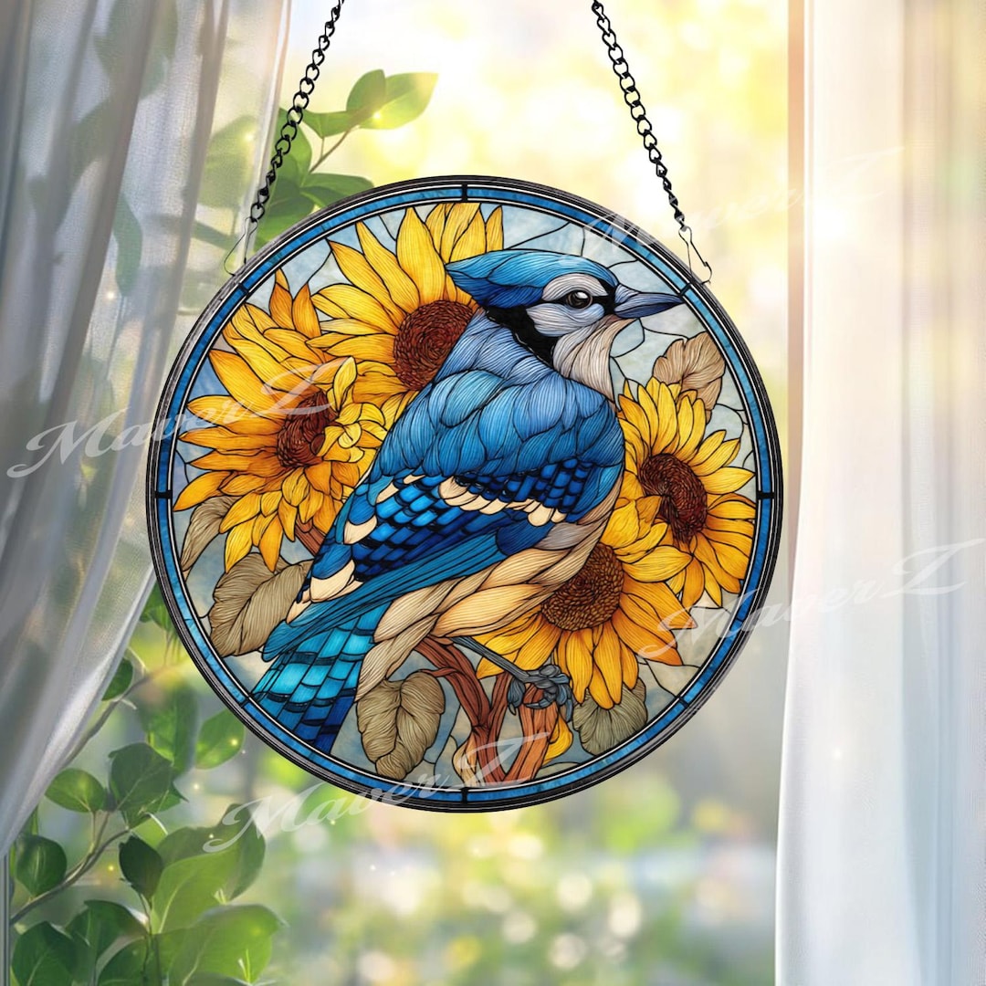 Blue Jay Sunflower Stained Glass Suncatcher, Round Bird Window Panel ...