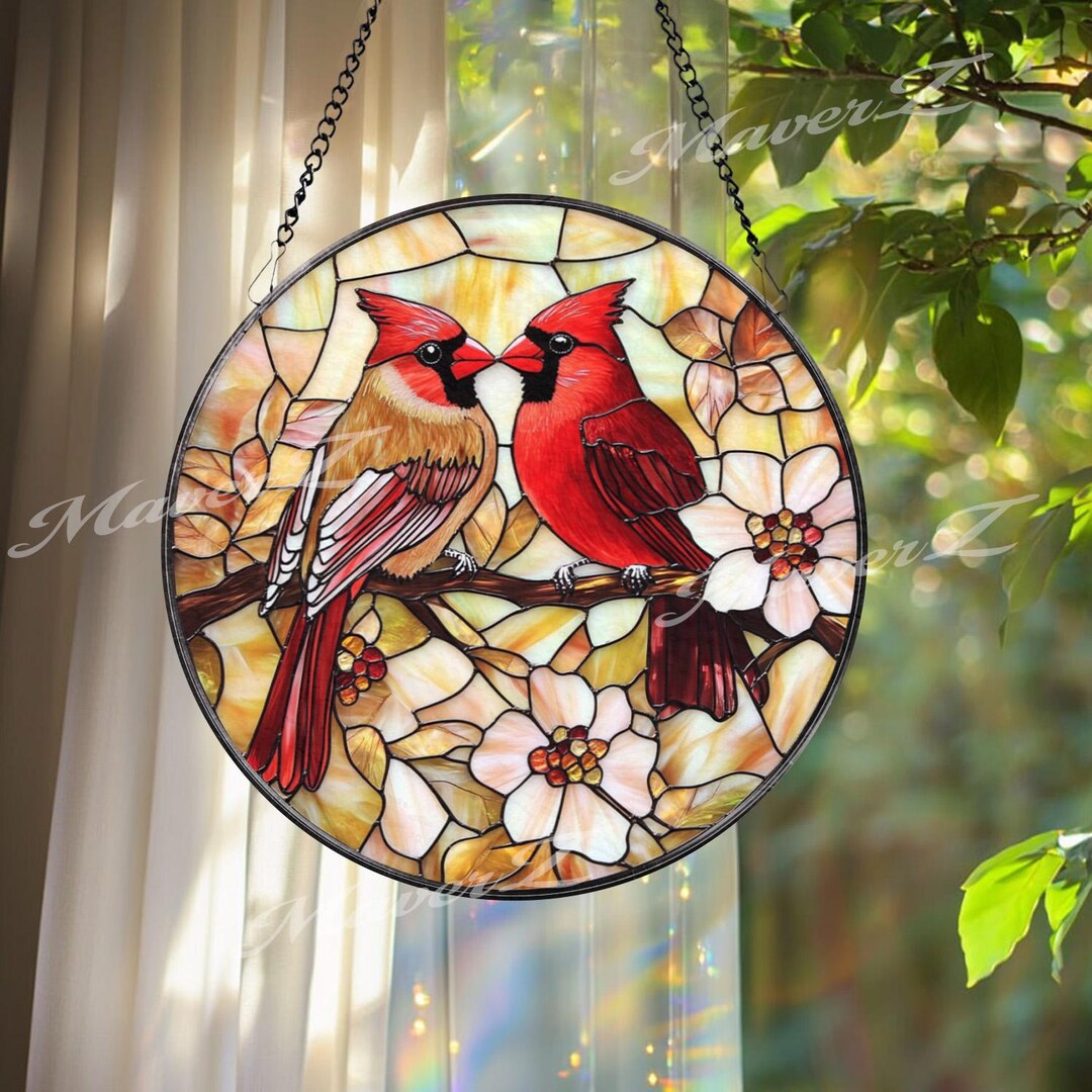 Cardinal Couple Suncatcher: Red Bird Stained Glass Window Hanging - Etsy