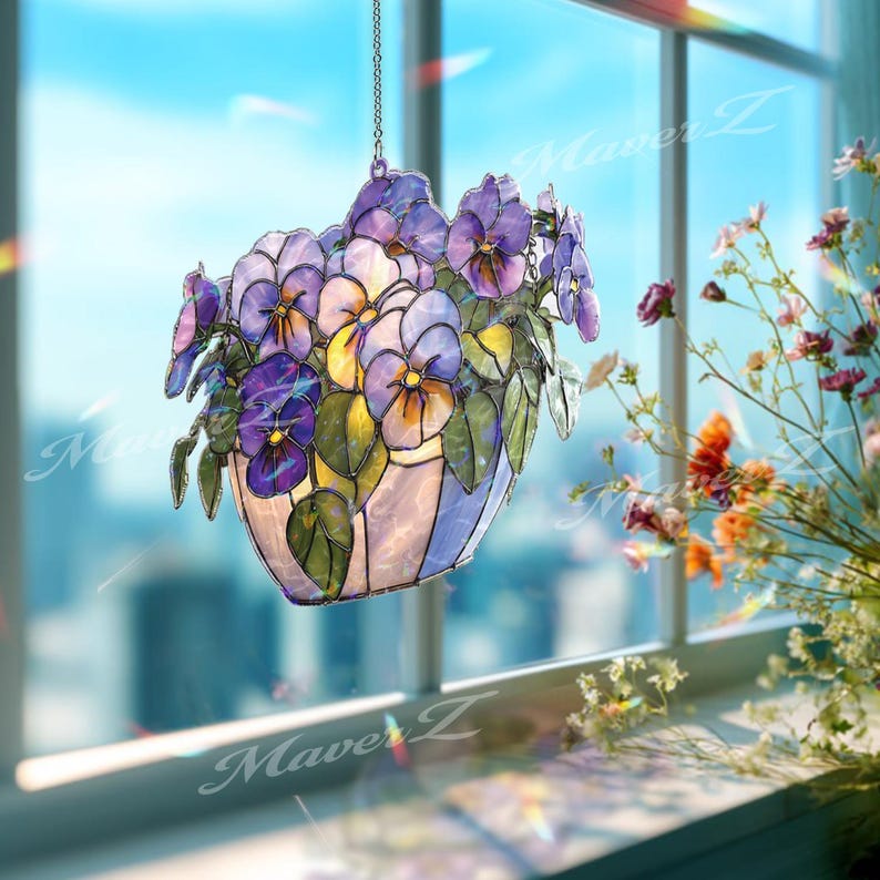 Pansy Flower Acrylic Suncatcher, Hanging Basket Floral Window Decor ...