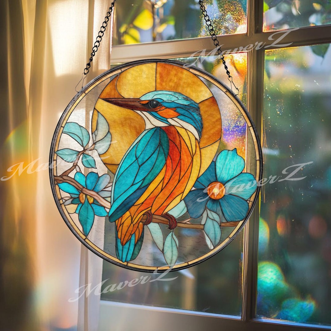 Kingfisher Stained Glass Suncatcher, Colorful Bird Window Hanging ...