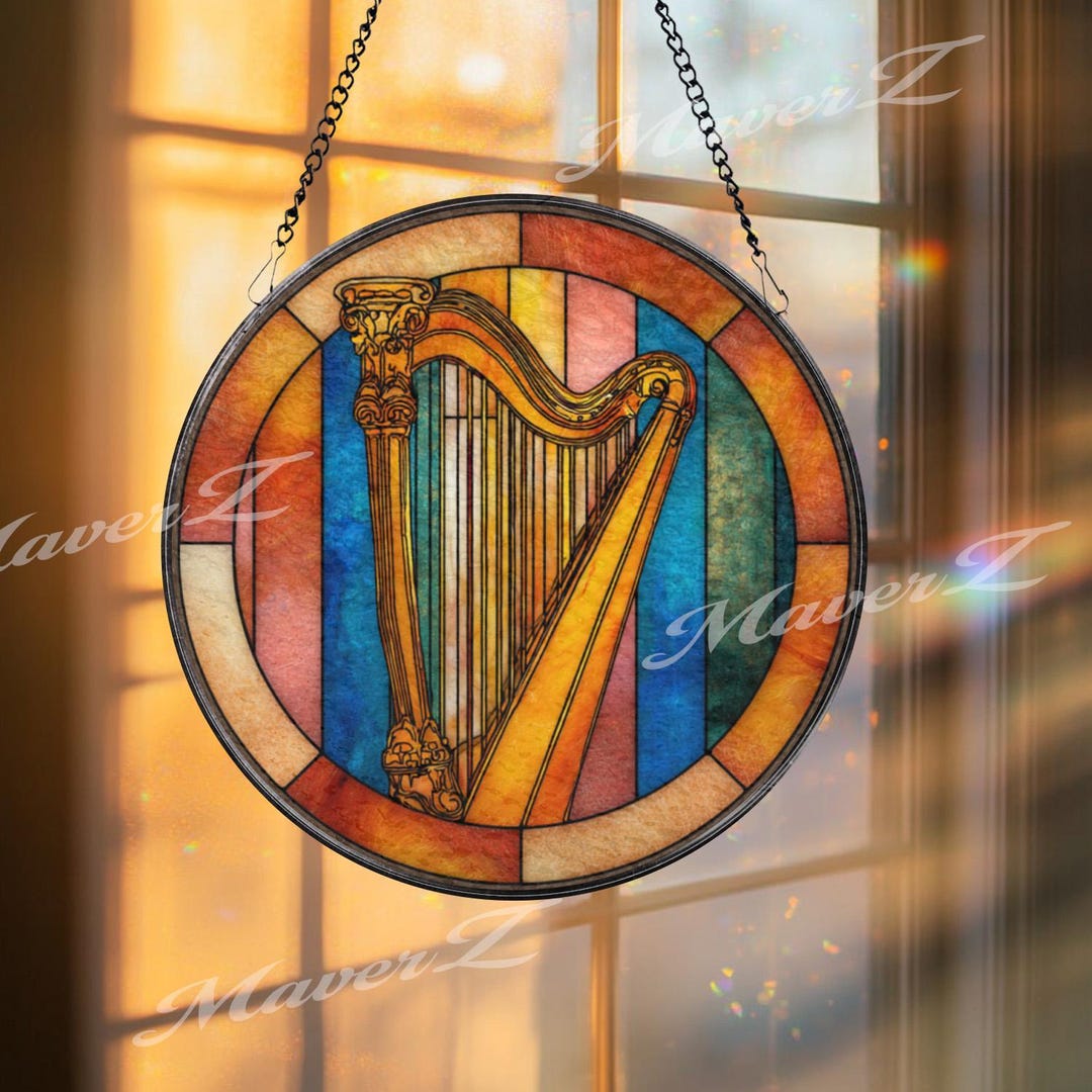 Harp Stained Glass Suncatcher, Round Musical Window Panel, Colorful ...