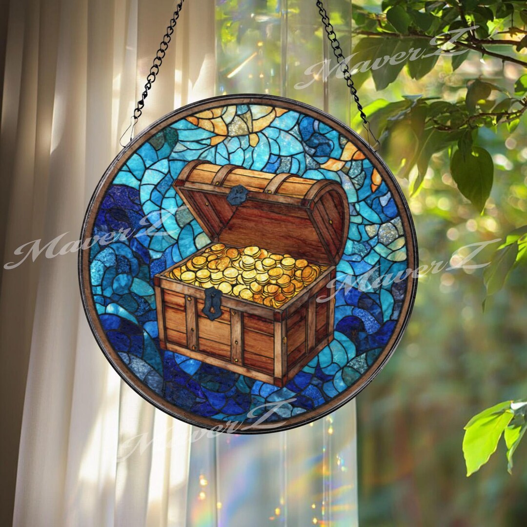 Treasure Chest Stained Glass Suncatcher, Round Ocean Blue Window Panel ...