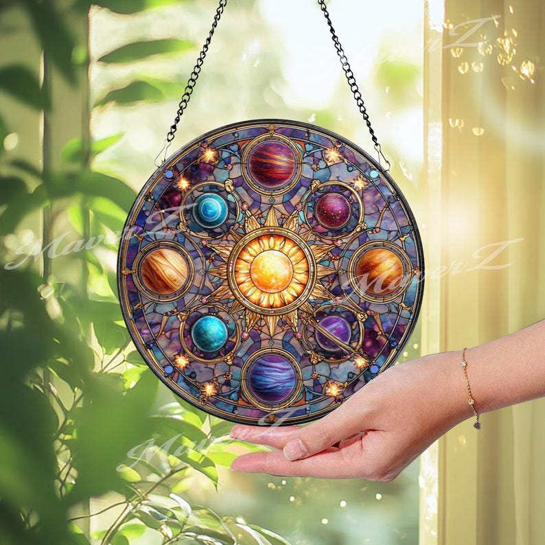 Solar System Stained Glass Suncatcher, Round Planet Window Panel With ...