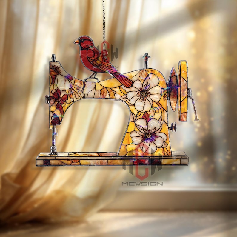 Cardinal Floral Sewing Machine Acrylic Suncatcher, Golden Stained Glass ...