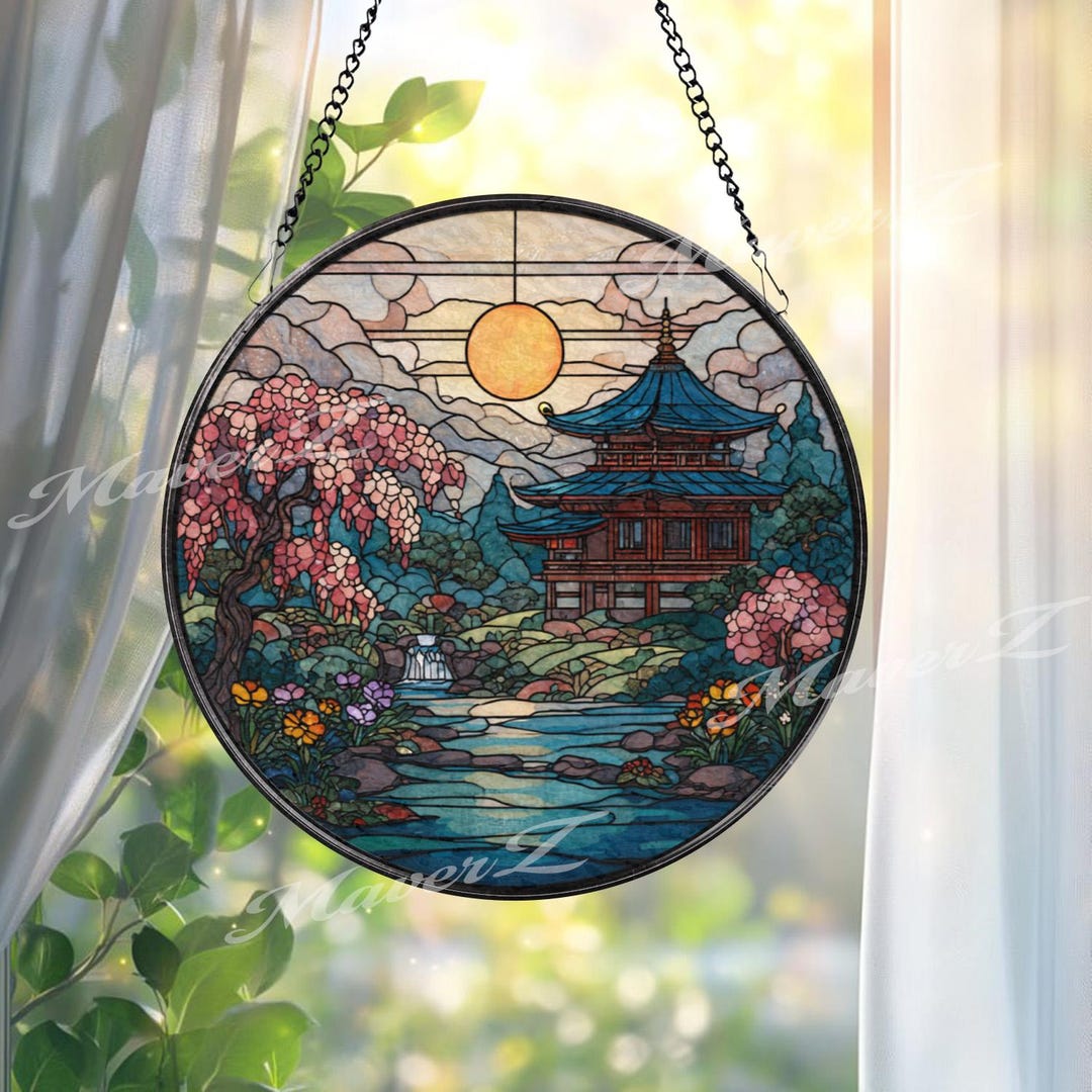 Japanese Temple Stained Glass Suncatcher, Round Zen Garden Window Panel ...
