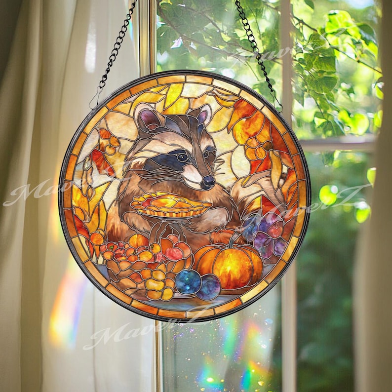 Raccoon Harvest Stained Glass Suncatcher, Round Autumn Animal Art, Fall ...