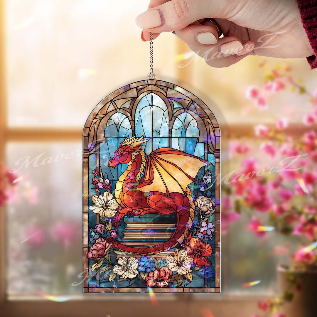 Dragon Acrylic Suncatcher, Fantasy Book Window Art, Red Dragon Decor ...