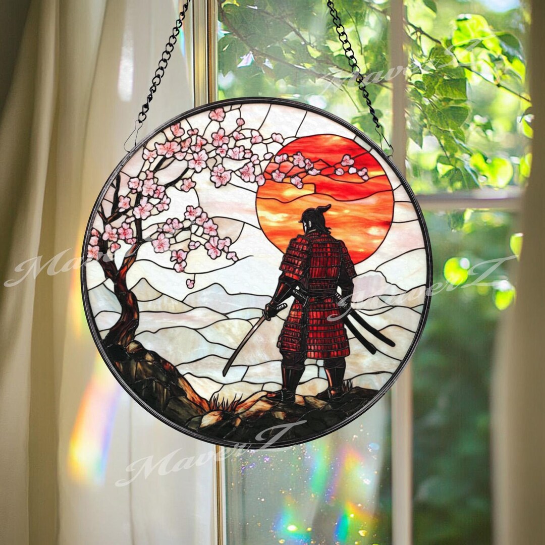 Samurai Suncatcher: Stained Glass Window Art With Cherry Blossoms ...
