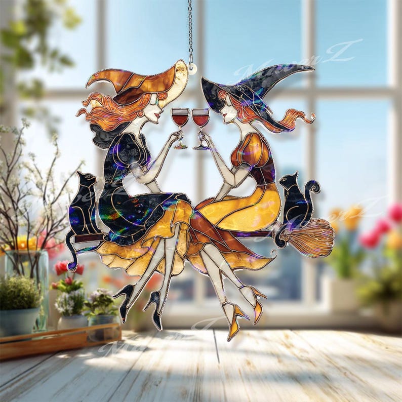 Witch Acrylic Suncatcher With Wine, Stained Glass Style Halloween ...