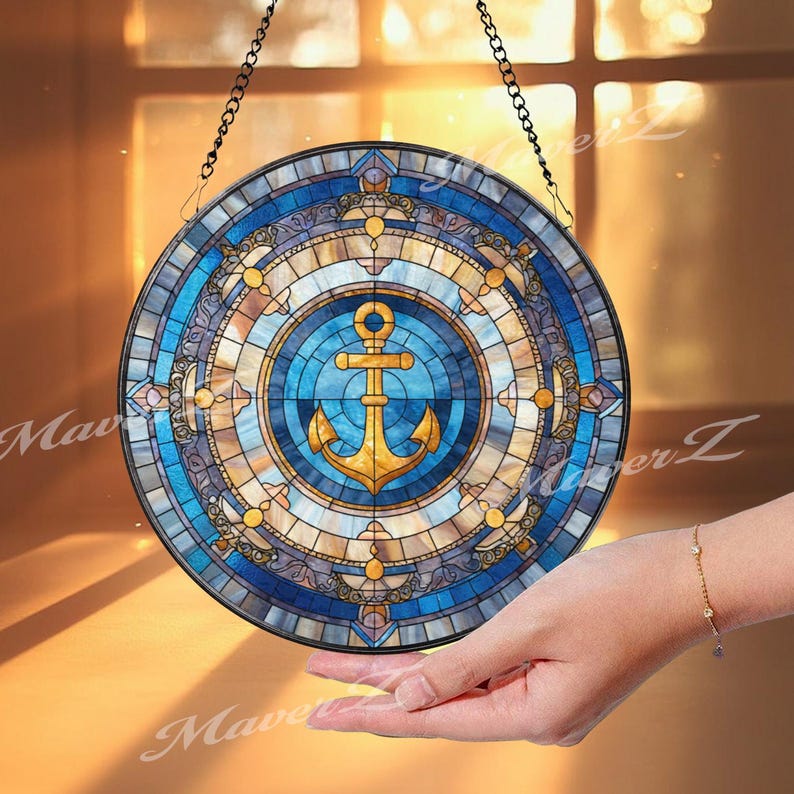 Anchor Stained Glass Suncatcher – Round Nautical Window Hanging, Blue ...