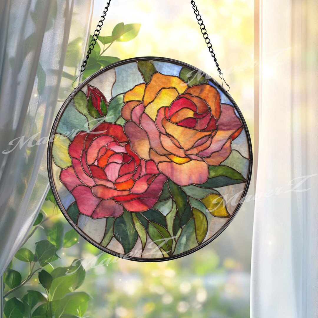 Rose Stained Glass Suncatcher, Round Floral Window Hanging, Red Orange ...